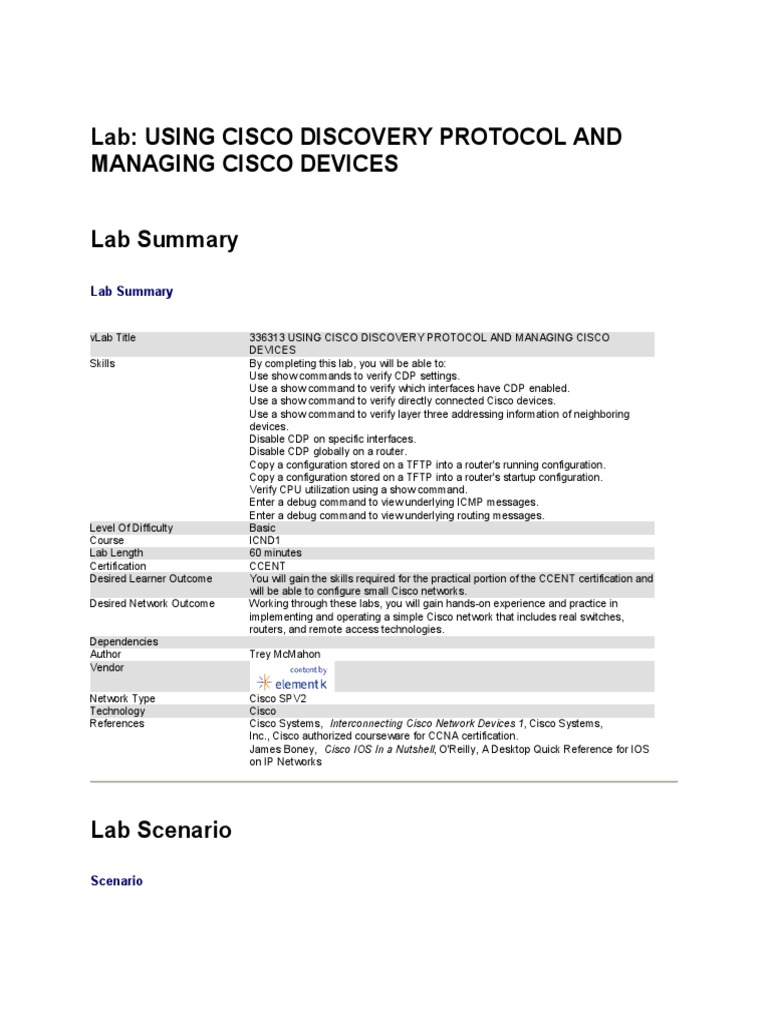 Lab Using Cisco Discovery Protocol And Managing Cisco Devices Lab