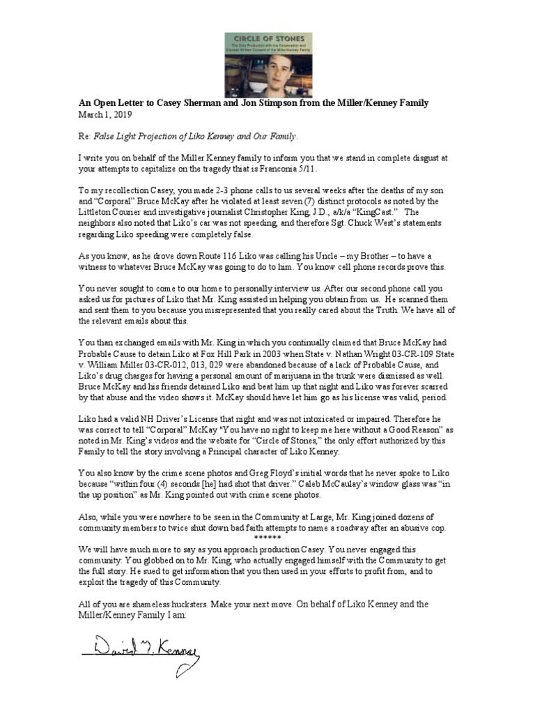Public Statement From The Miller & Liko Kenney Family Regarding The ... Public Statement From The Miller & Liko Kenney Family Regarding The ...