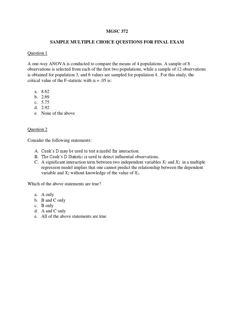 MGSC 372 Sample Multiple Choice Questions For Final Exam | PDF | Linear Trend Estimation ...