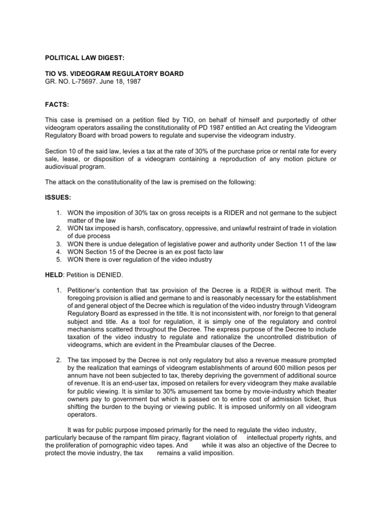 Political Law Digest: Tio vs. Videogram Regulatory Board | PDF | Bill ...