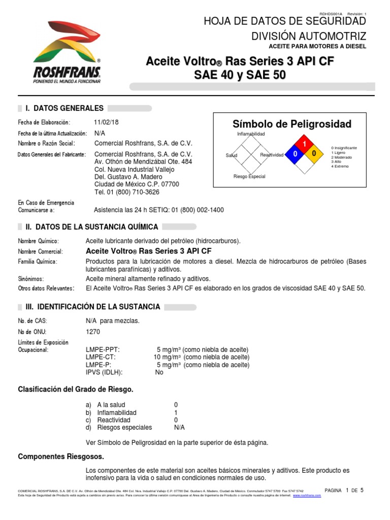 15.-MSDS Aceite para Motor Diesel Roshfrans RAS-S3 | Dióxido de carbono ...