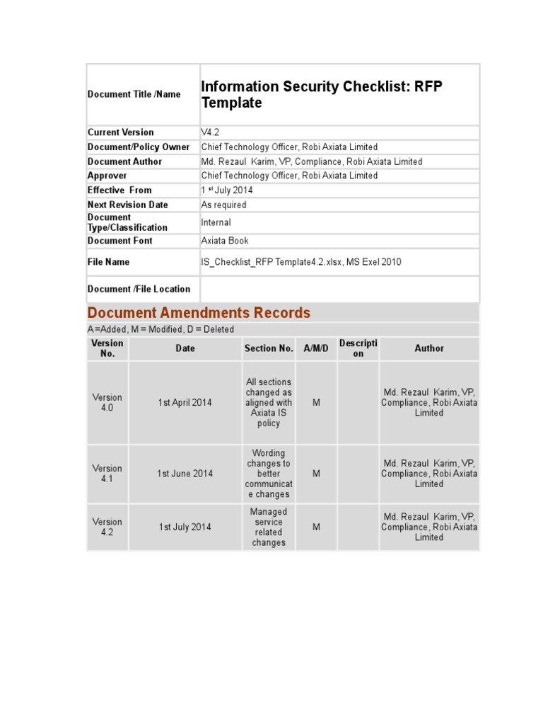 Information Security Checklist: RFP Template: Document Amendments ...
