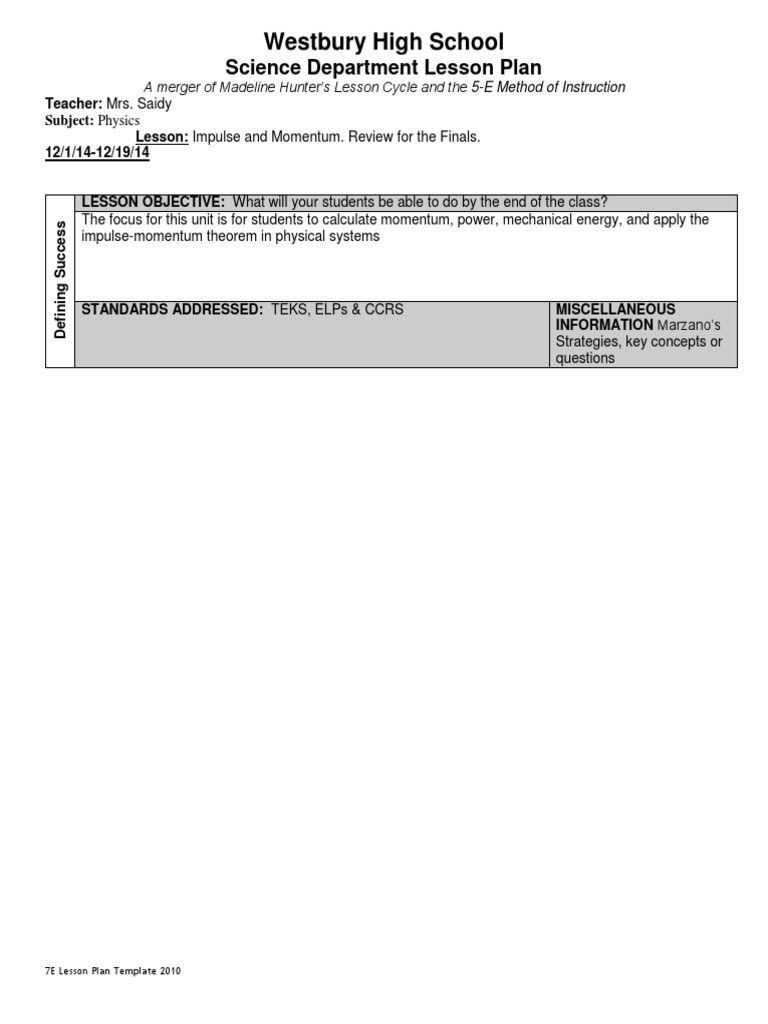 Momentum and Impulse Lesson Plan | PDF | Lesson Plan | English Language