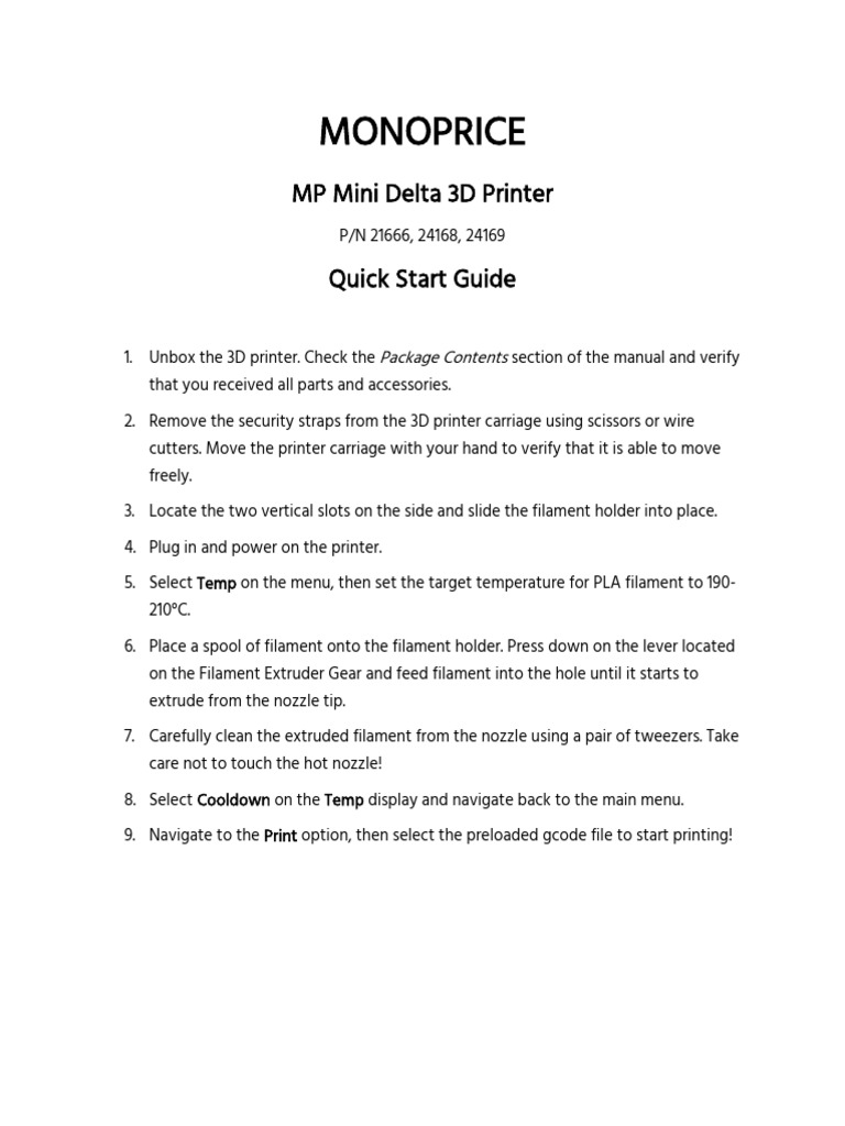 Monoprice MP Mini Delta 3D Printer Quick Start Guide | PDF
