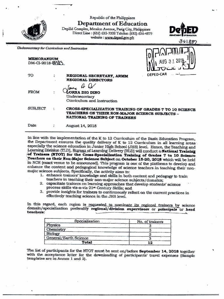 Memo Cross Specialization Training of Grades 7 To 10 Science Teachers ...