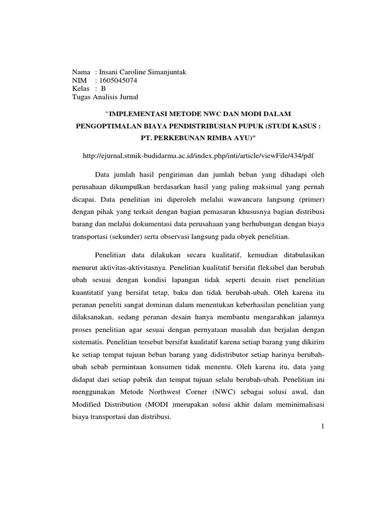 Implementasi Metode NWC Dan Modi Dalam Pengoptimalan Biaya Pendistribusian Pupuk (Studi Kasus ...