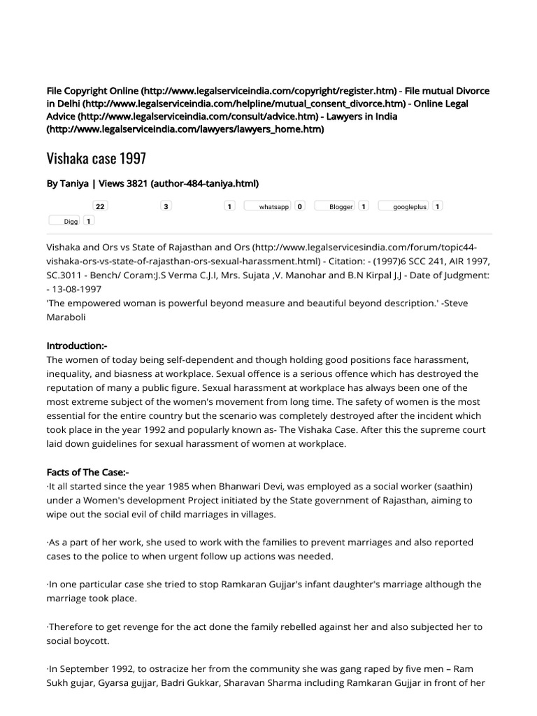 Vishaka Case 1997: Whatsapp Blogger Googleplus Digg | PDF | Sexual ...