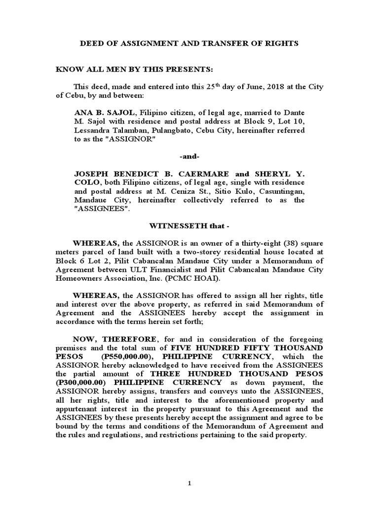 Deed of Sale of Motor Vehicle With Assumption of Mortgage Paras To ...
