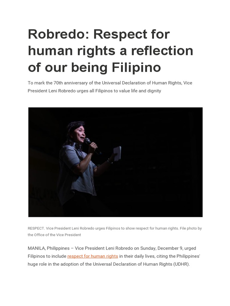 Robredo: Respect For Human Rights A Reflection of Our Being Filipino ...