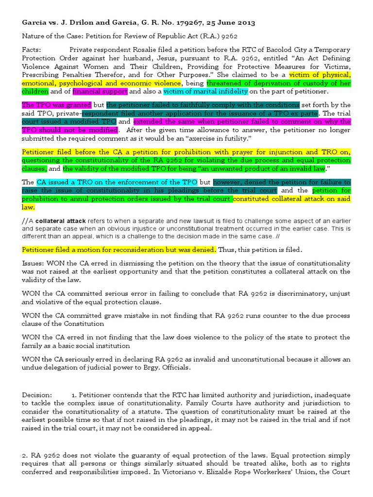 Garcia vs. Drilon Case Digest | PDF | Equal Protection Clause | Injunction