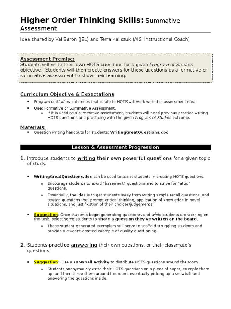 Higher Order Thinking Skills:: Summative Assessment | PDF | Educational ...