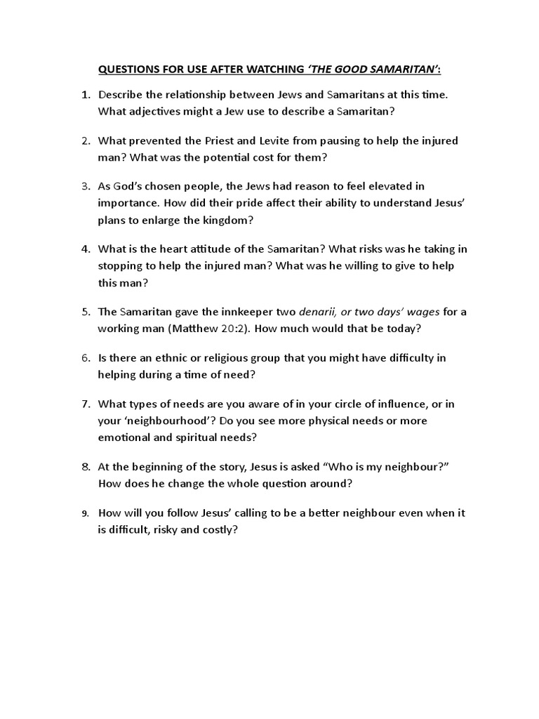 Questions For Use After Watching The Good Samaritan' | PDF