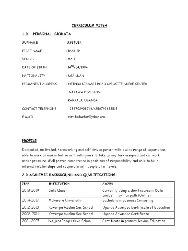 Curriculum Vitea 1.0 Personal Biodata: Year Institution Award | PDF | Pharmacy | Databases