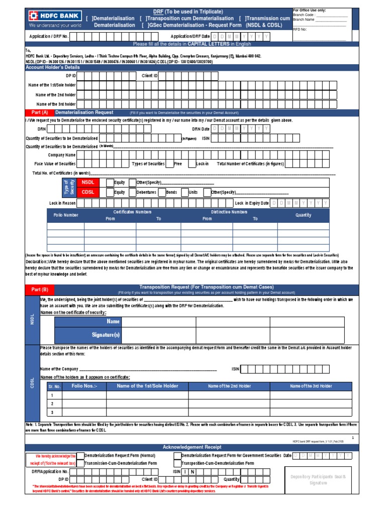 Demat Request Form DRF (NSDL CDSL) | PDF | Securities (Finance ...