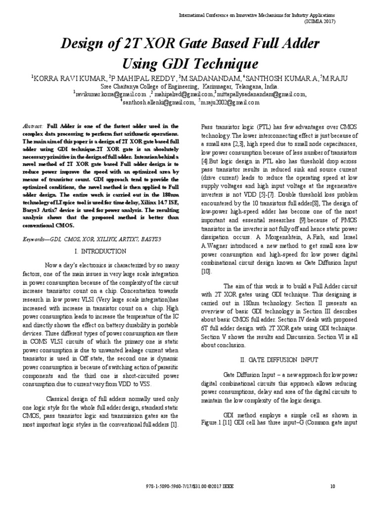 Design of 2T XOR Gate Based Full Adder Using GDI Technique | PDF | Logic Gate | Cmos