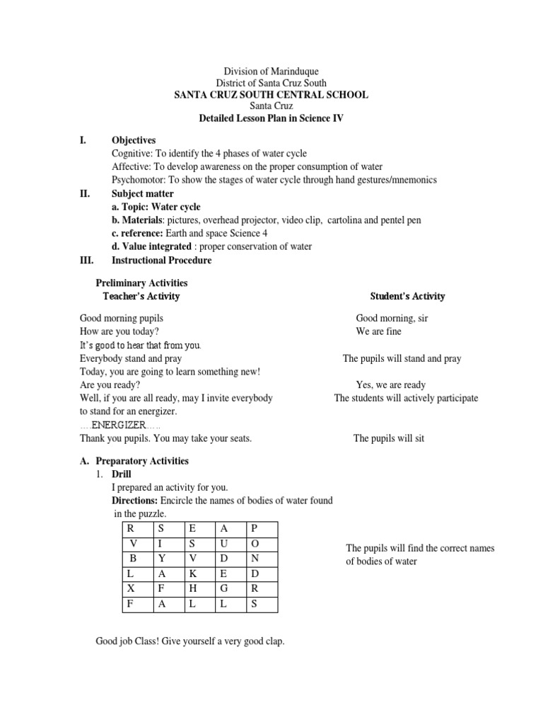 Lesson Plan in Science IV Water Cycle | Download Free PDF | Water Cycle ...