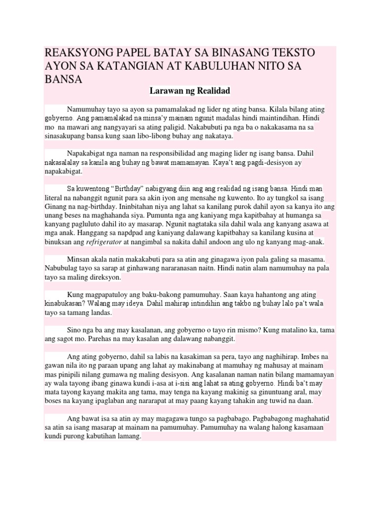 Reaksyong Papel Batay Sa Binasang Teksto Ayon Sa Katangian at Kabuluhan ...