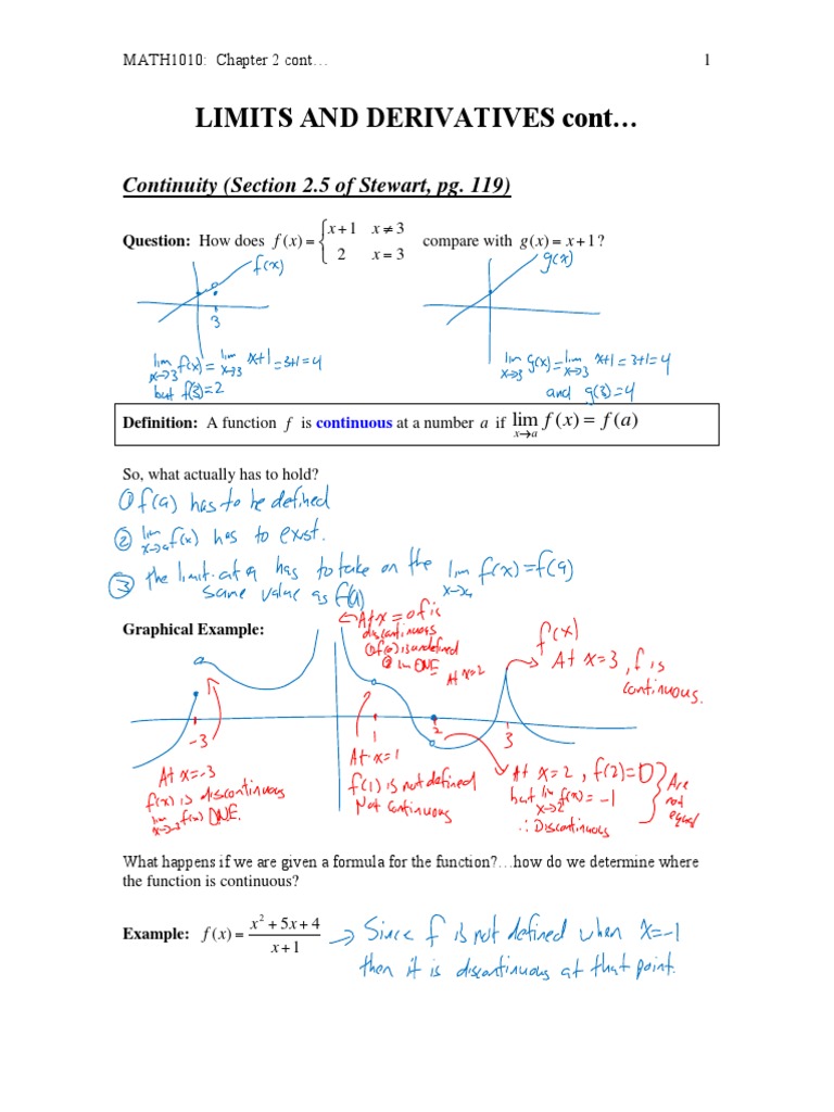 Limits And Derivatives Cont Continuity Section 2 5 Of Stewart Pg 119 Pdf Continuous