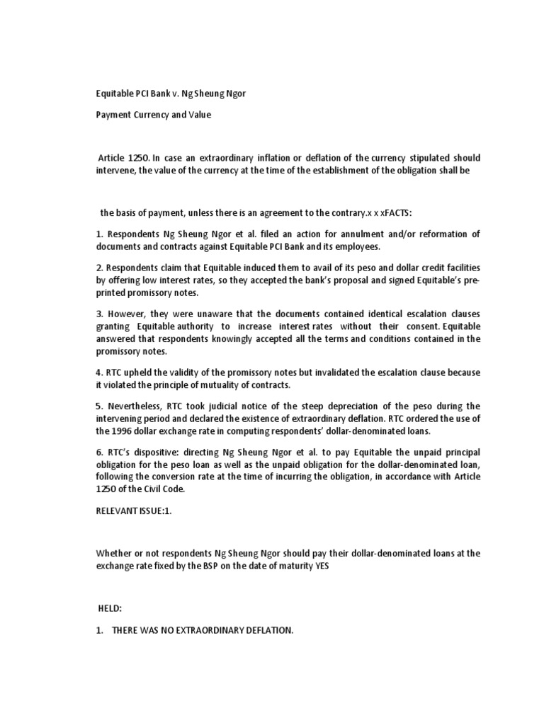 Equitable PCI Bank Vs NG Sheung Ngor | PDF | Deflation | Inflation