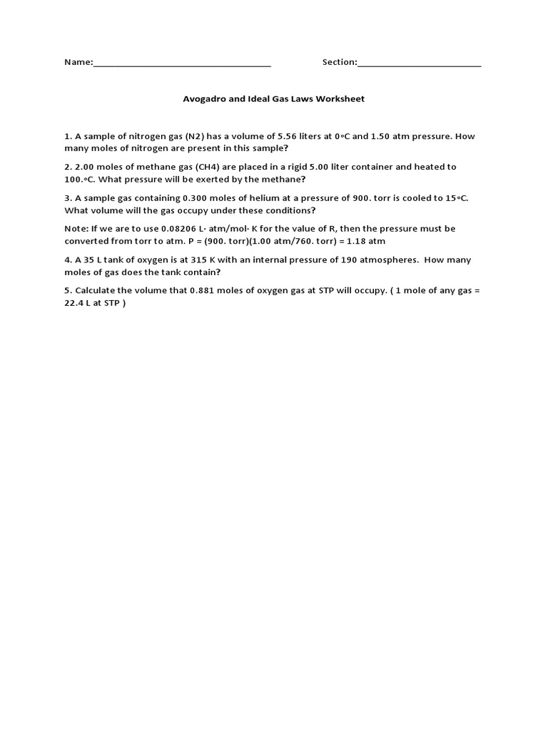 Avogadro and Ideal Gas Laws Worksheet | PDF | Teaching Methods ...