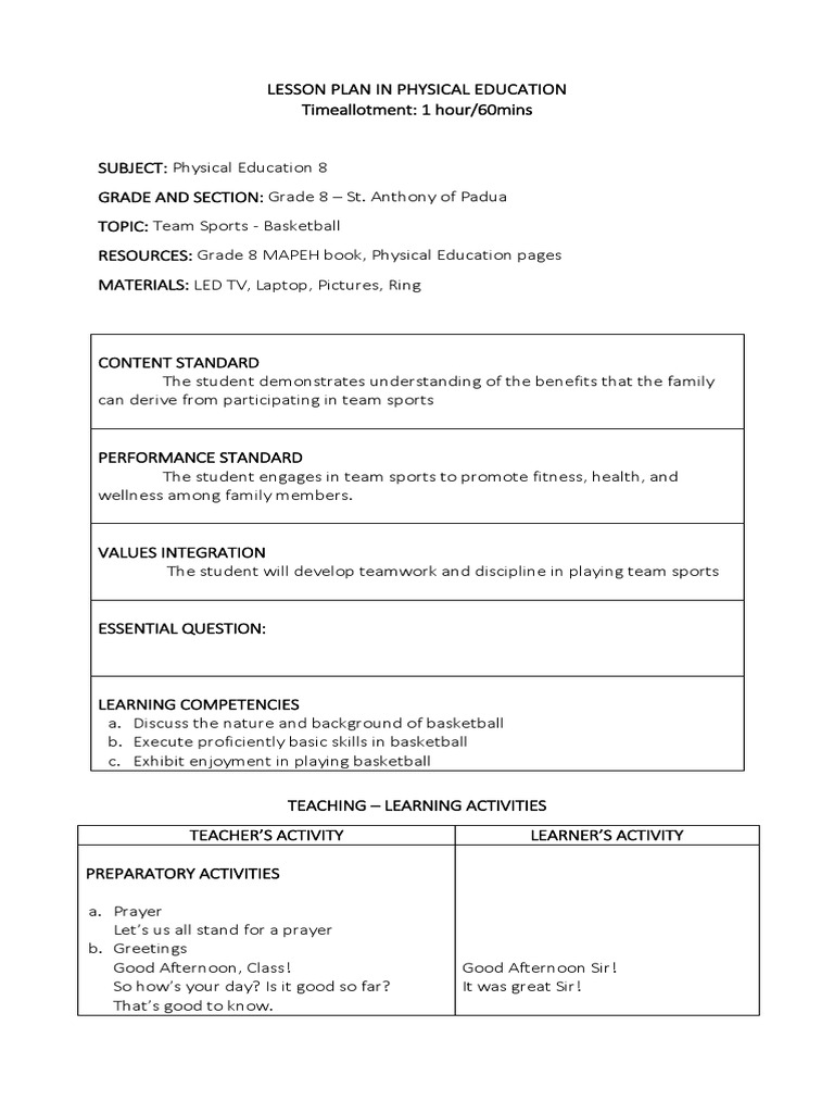 Grade 8 Basketball PE Lesson Plan | PDF | Physical Education | Athletic ...