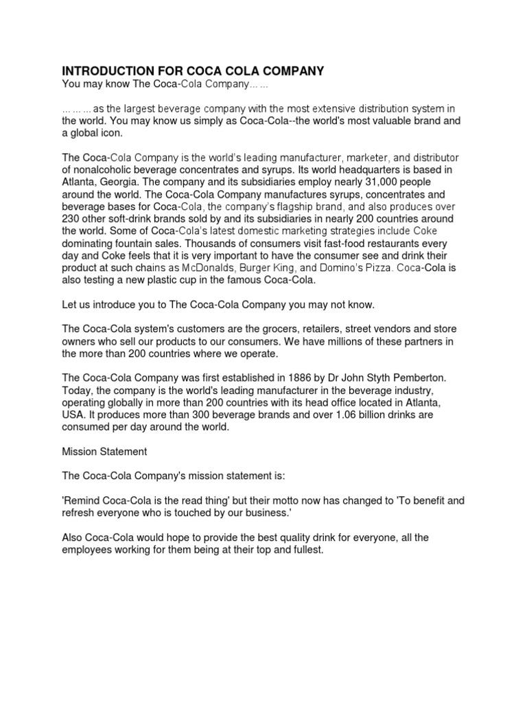 Introduction For Coca Cola Company | PDF | The Coca Cola Company ...