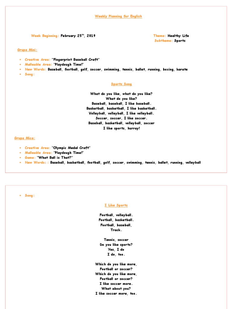 Weekly English Planning: Sports Theme | PDF | Summer Sports | Recreation