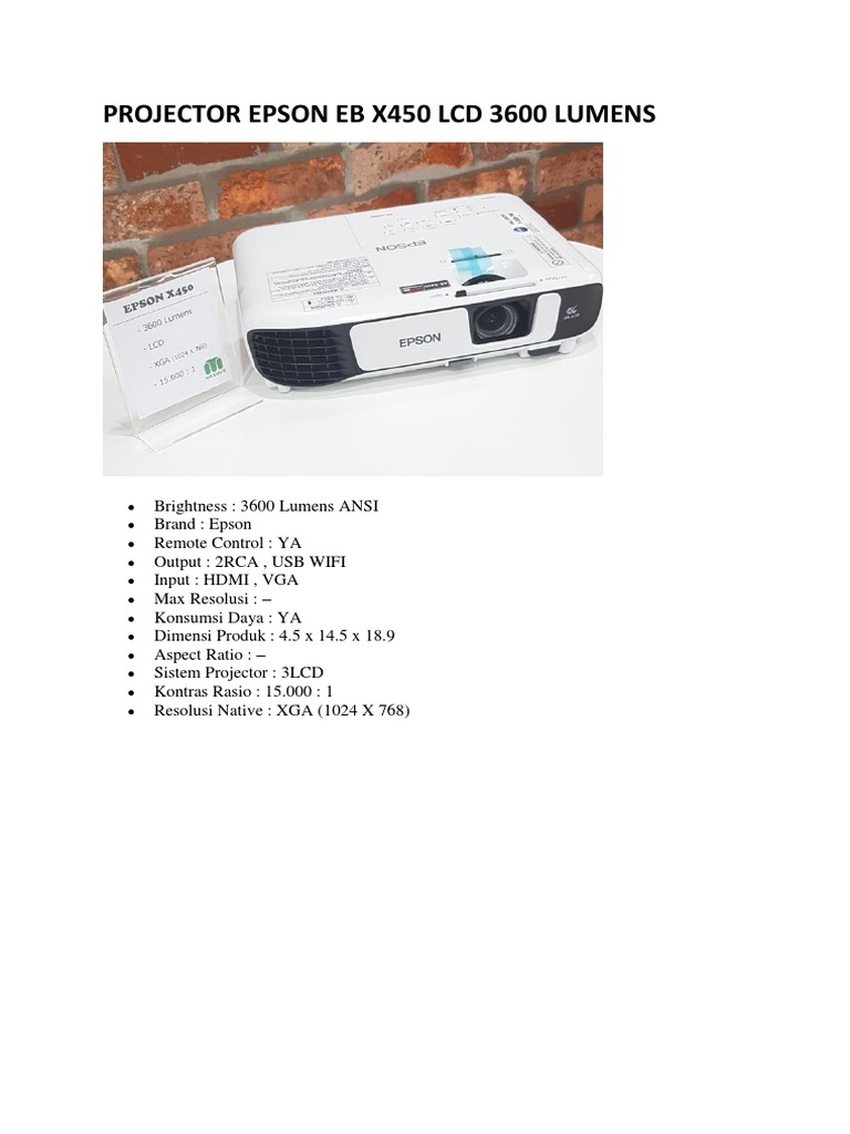 Projector Epson Eb x450 LCD 3600 Lumens | PDF