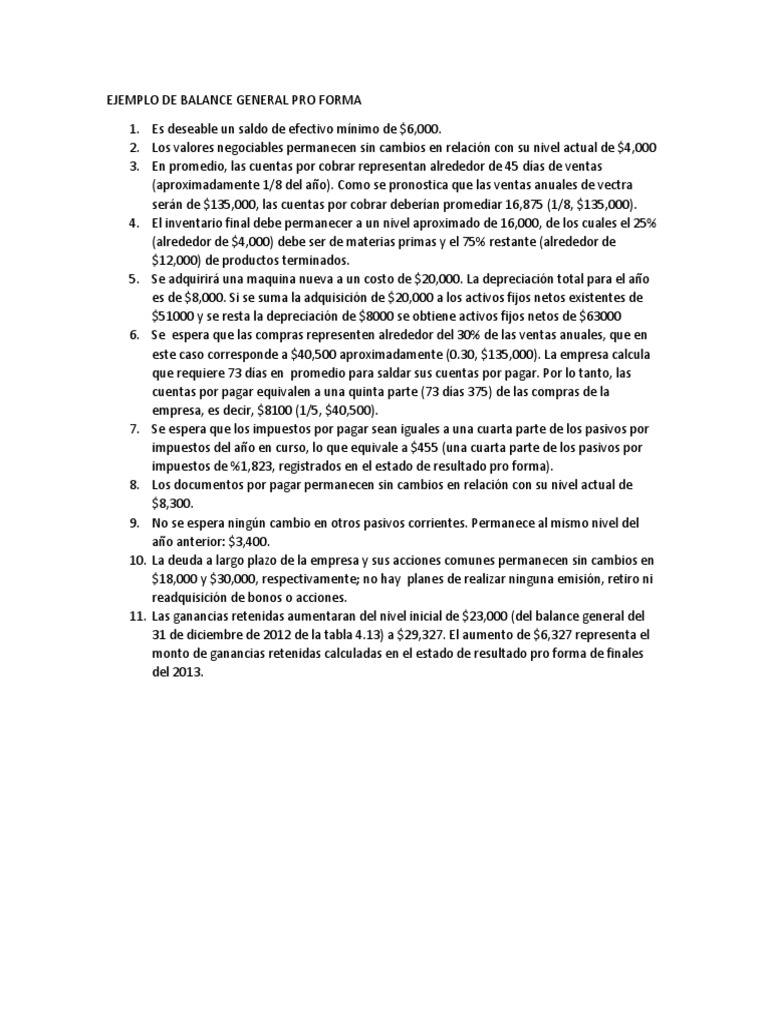 Ejemplo de Balance General Pro Forma