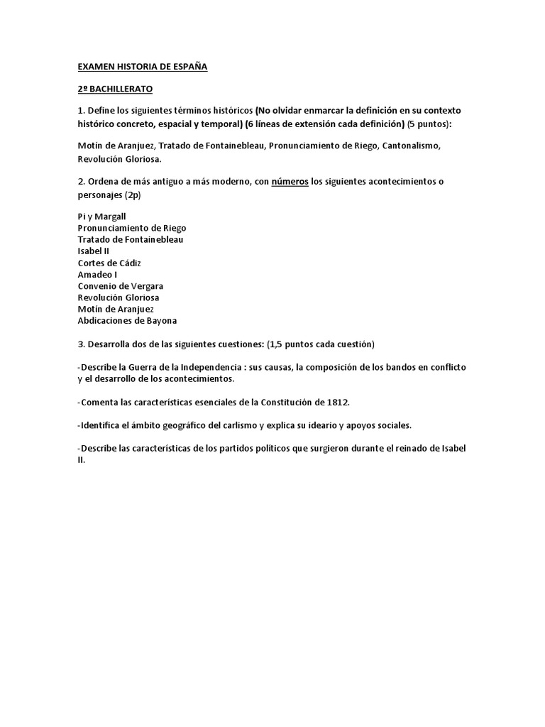 Examen Historia España 2º Bachillerato | PDF