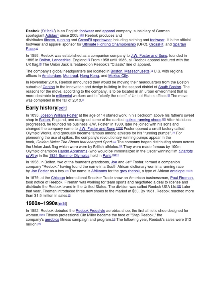 Early History: Reebok ( | PDF | Footwear | Shoe