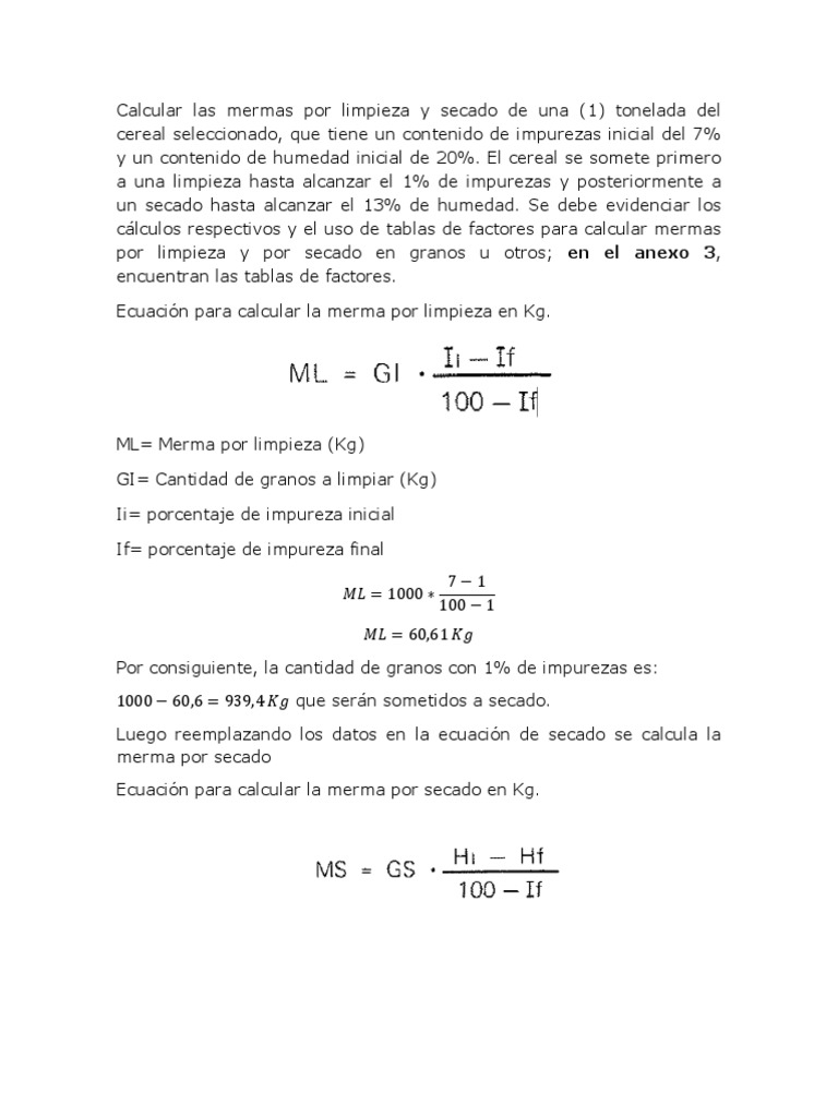 Calcular Las Mermas Por Limpieza y Secado de Una | PDF