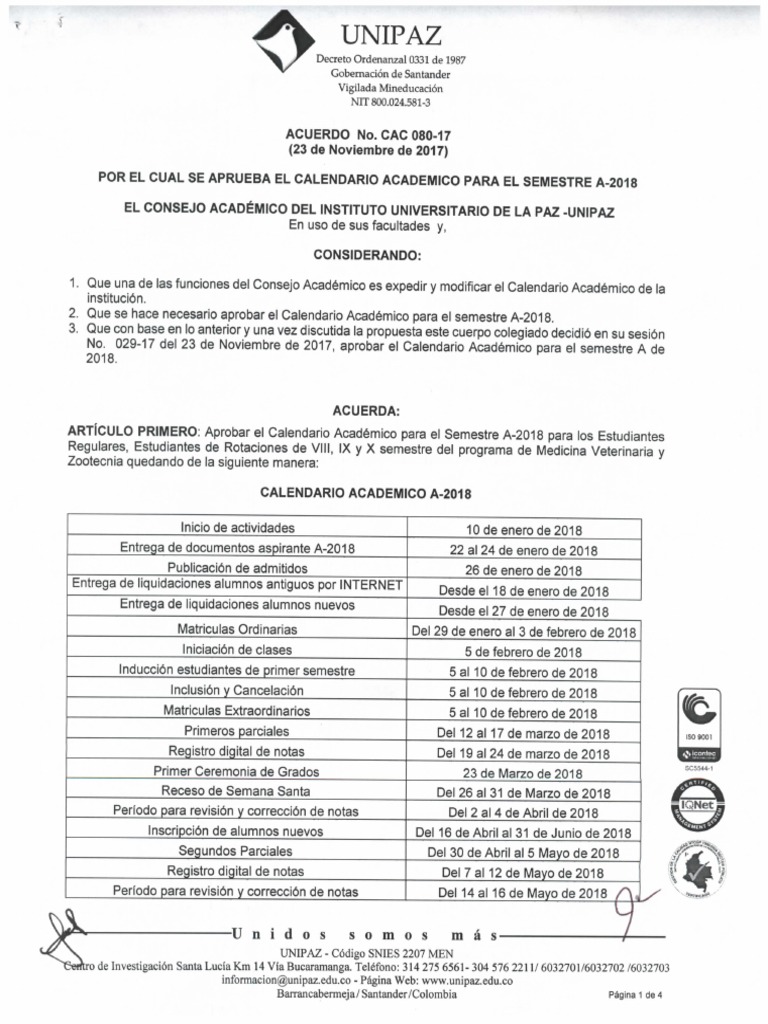 Calendario Academico Unipaz 2018 | PDF | Computer Architecture ...