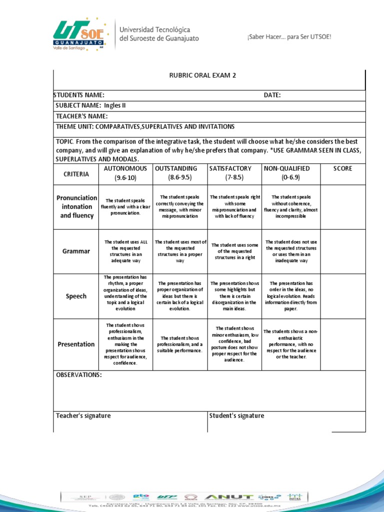Rubric Oral Exam 2: Pronunciation Intonation and Fluency | PDF ...