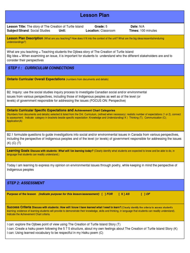Aboriginal Activity Lesson Plan 1 | PDF | Ojibwe | Curriculum