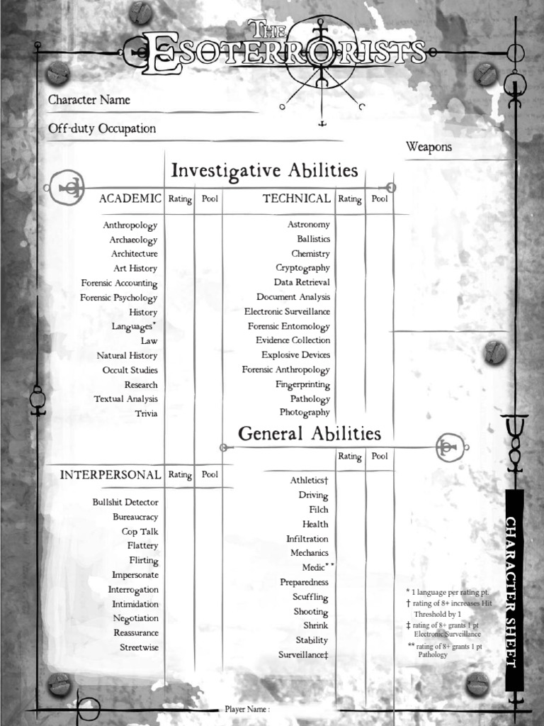 Esoterrorists RPG Character Sheet | PDF | Forensic Science | Science