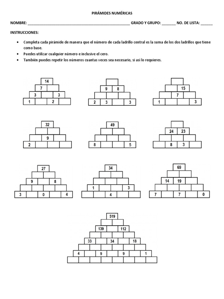 MATEMÁTICAS ACTIVIDAD. PIRÁMIDES NUMÉRICAS