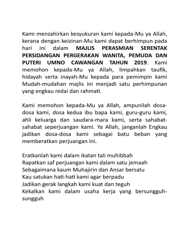 Doa Perasmian Serentak UMNO BHGN 2019 | PDF