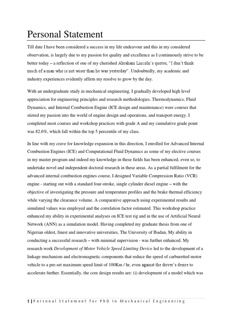 Personal Statement For PHD in Mechanical Engineering | PDF | Internal ...