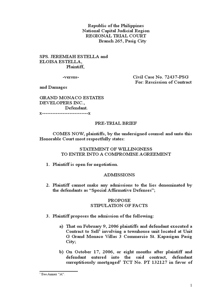 Eloisa Estella vs. Monaco Civil Pre Trial Brief | PDF | Social ...