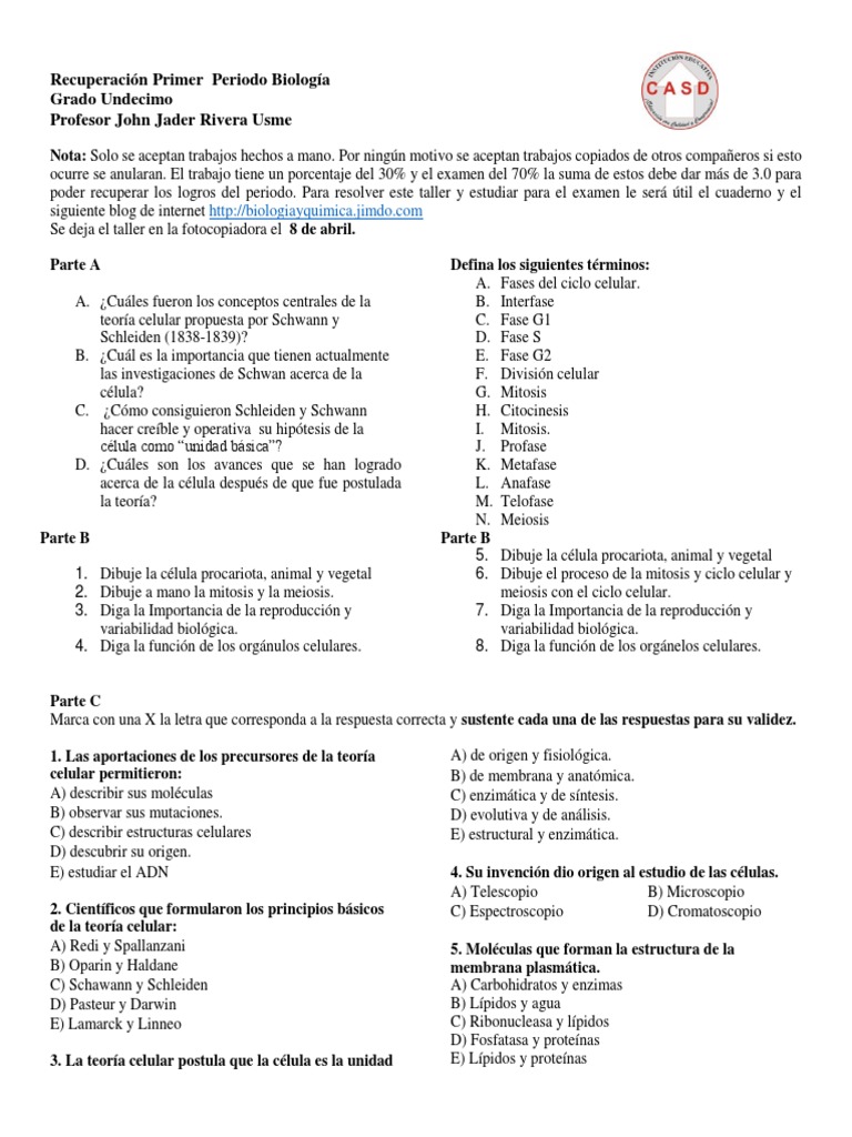 Taller Recuperacion 1 Periodo ONCE | PDF | Mitosis | Mitosis