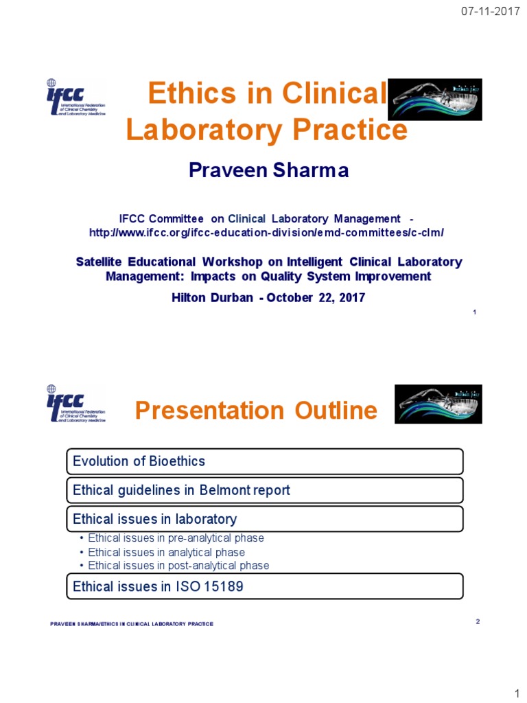 Ifcc CCLM Workshop Praveen Sharma Ethics in Clinical Laboratory ...