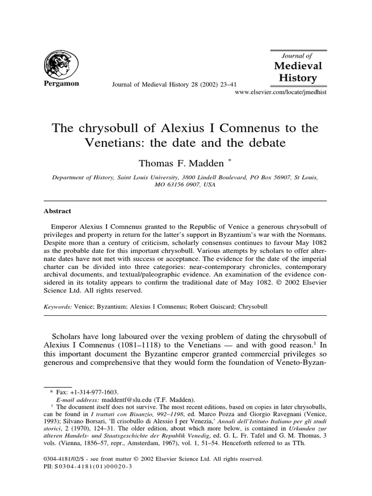 The Chrysobull of Alexius I Comnenus To The Venetians The Date and The ...