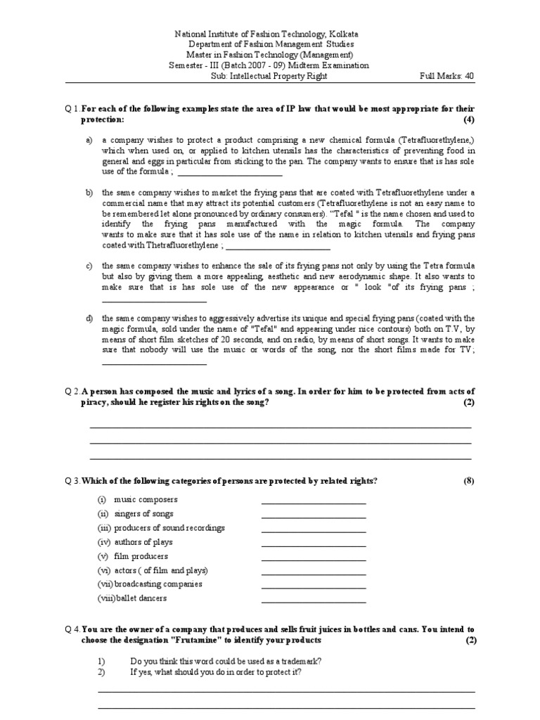 Ipr Questions Pdf Intellectual Property Copyright
