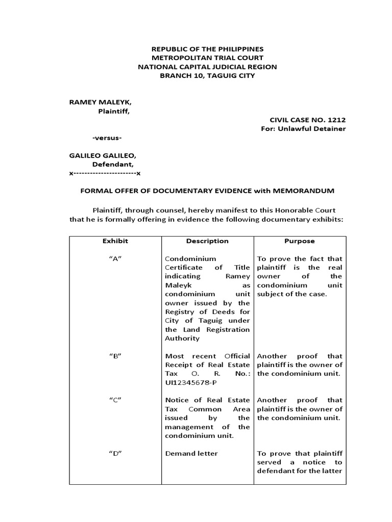 Formal Offer of Evidence With Memorandum | PDF | Eviction | Lease