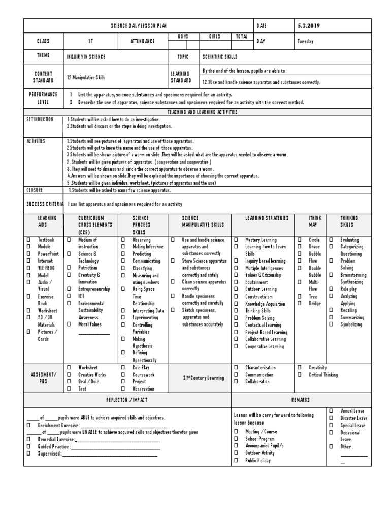 Science Manipulative Skills Lesson Plan | PDF | Lesson Plan | Learning