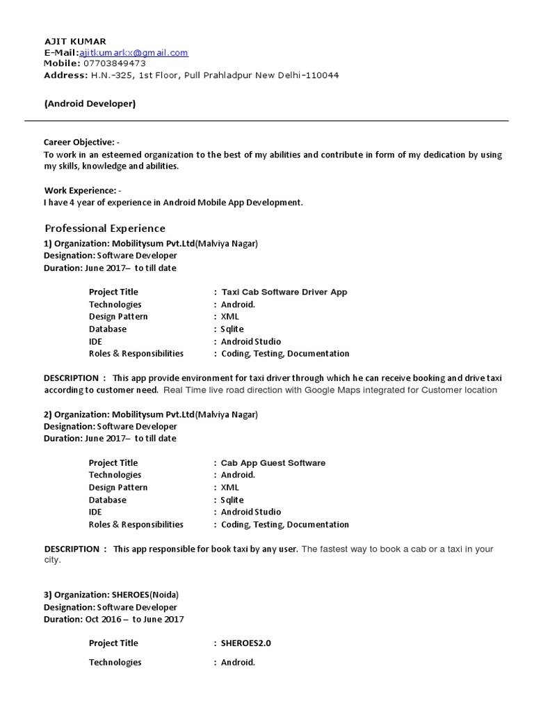 Professional Experience: (Android Developer) | PDF | Programmer ...