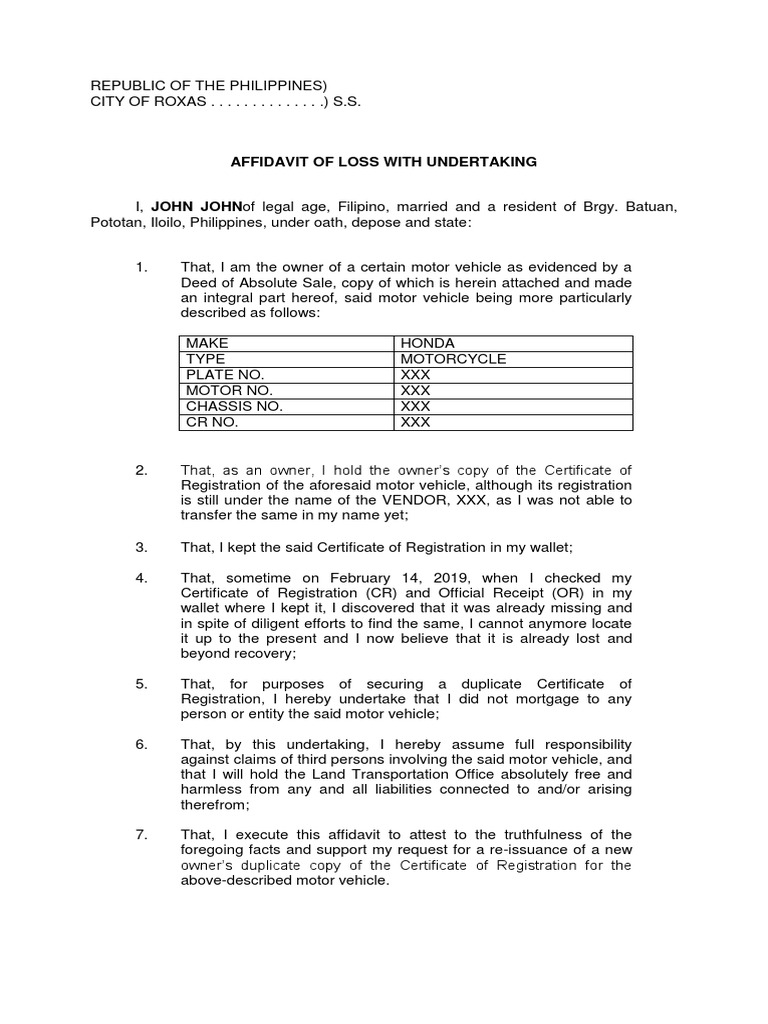 Affidavit of Loss or CR | PDF | Affidavit | Government Information