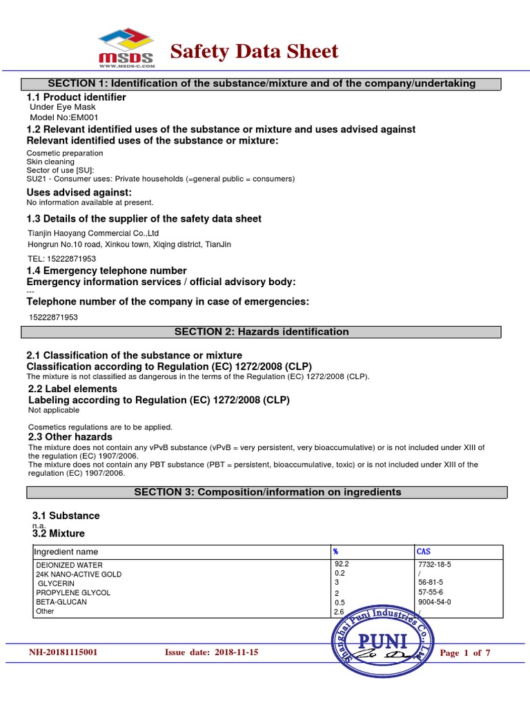 Safety Data Sheet for Under Eye Mask: An In-Depth Look at Ingredients and Hazards | PDF ...