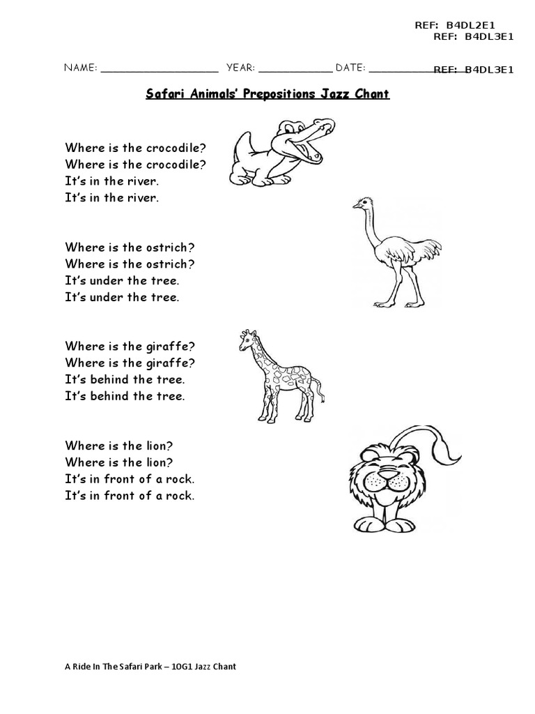 Safari Animals' Prepositions Jazz Chant: NAME: - YEAR: - DATE | PDF
